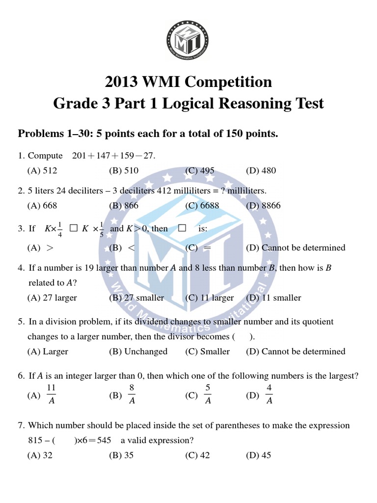 2013 WMI Competition Grade 3 Part 1 Logical Reasoning Test: Problems 1 ...