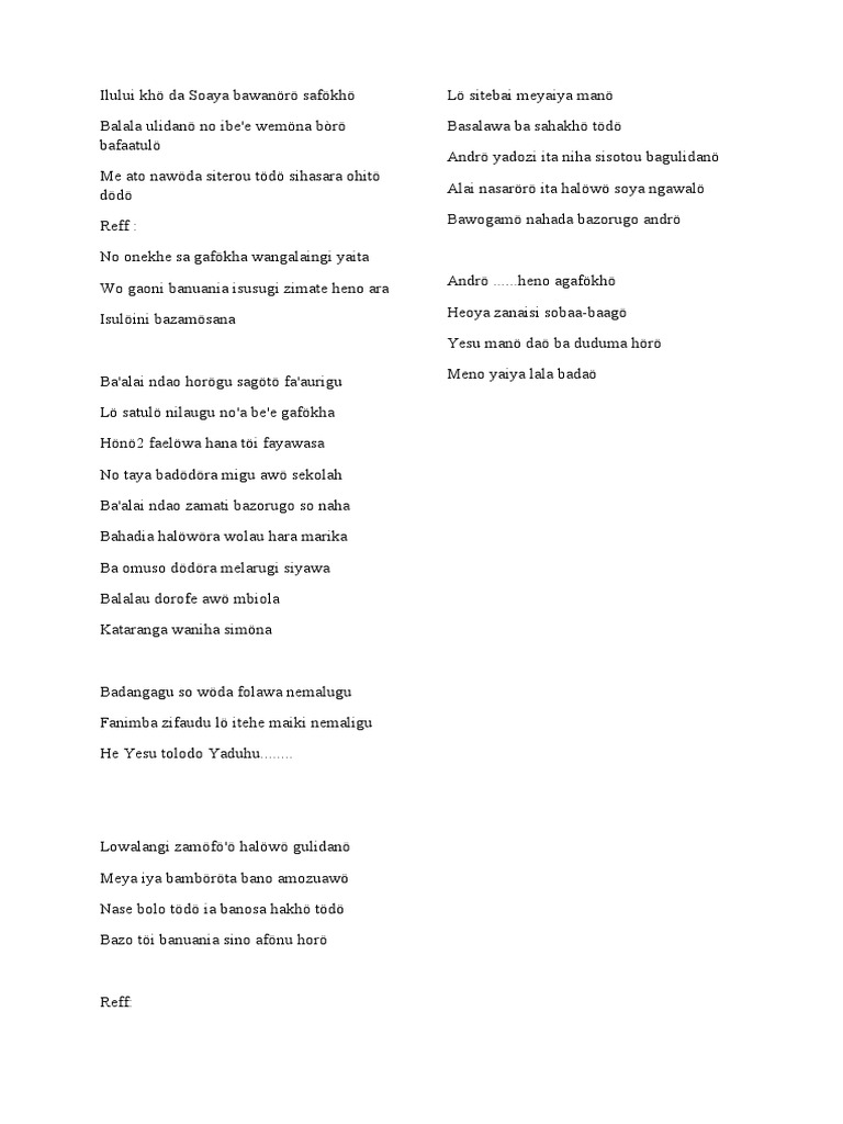 Lirik Lagu Rohani Nias Terpopuler | PDF