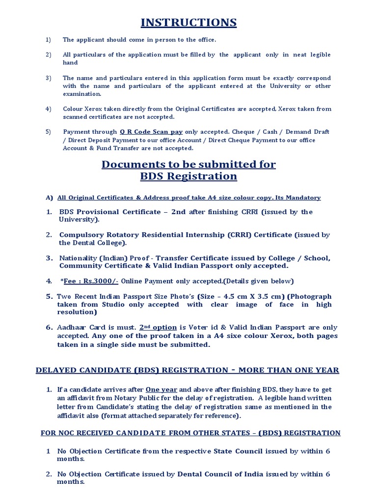 Instructions: Documents To Be Submitted For BDS Registration | PDF ...