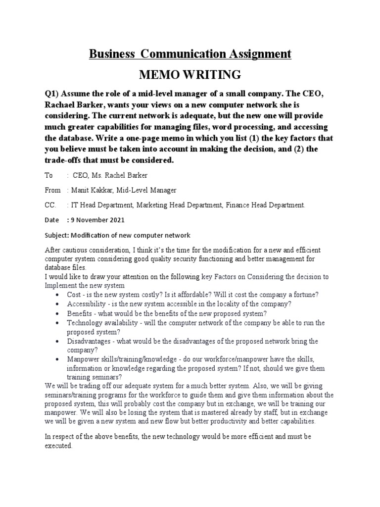 Business Communication Assignment - MEMO | PDF