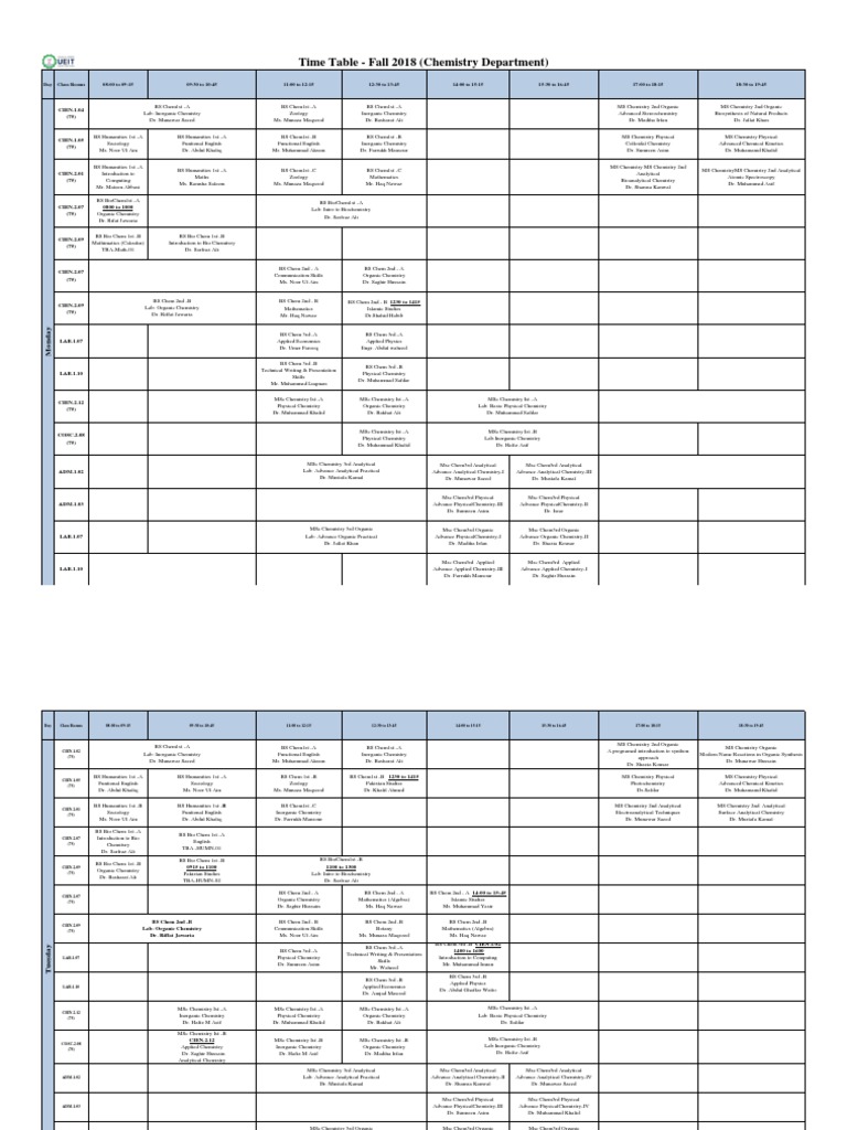 Time Table - Fall 2018 (Chemistry Department) | PDF | Nature | Natural ...