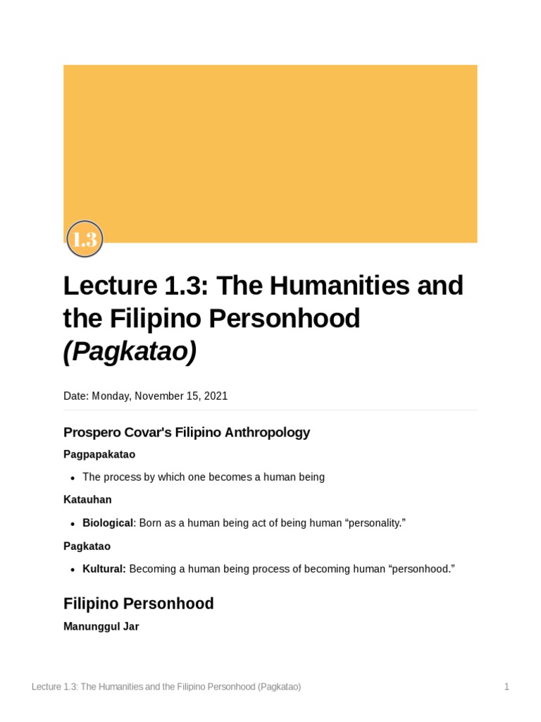 Lecture 1.3 The Humanities and The Filipino Personhood (Pagkatao) | PDF ...