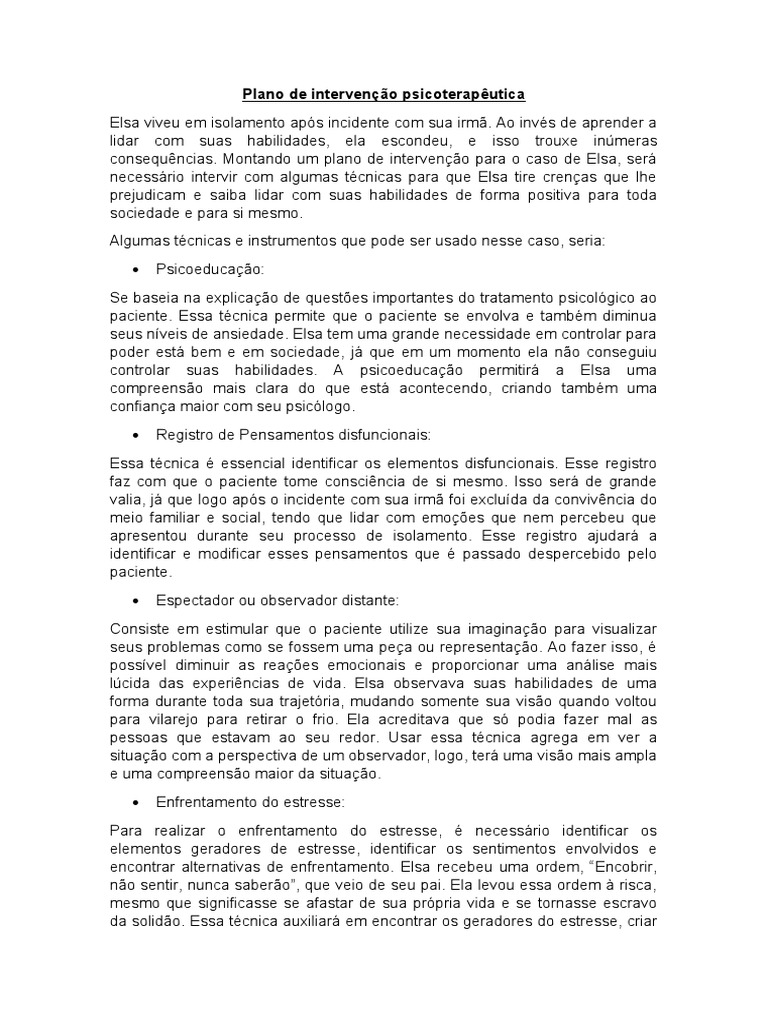 Plano de Intervenção Psicoterapêutica | PDF | Psicologia | Estresse ...