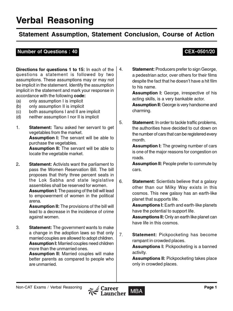 Verbal Reasoning: Statement Assumption, Statement Conclusion, Course of ...
