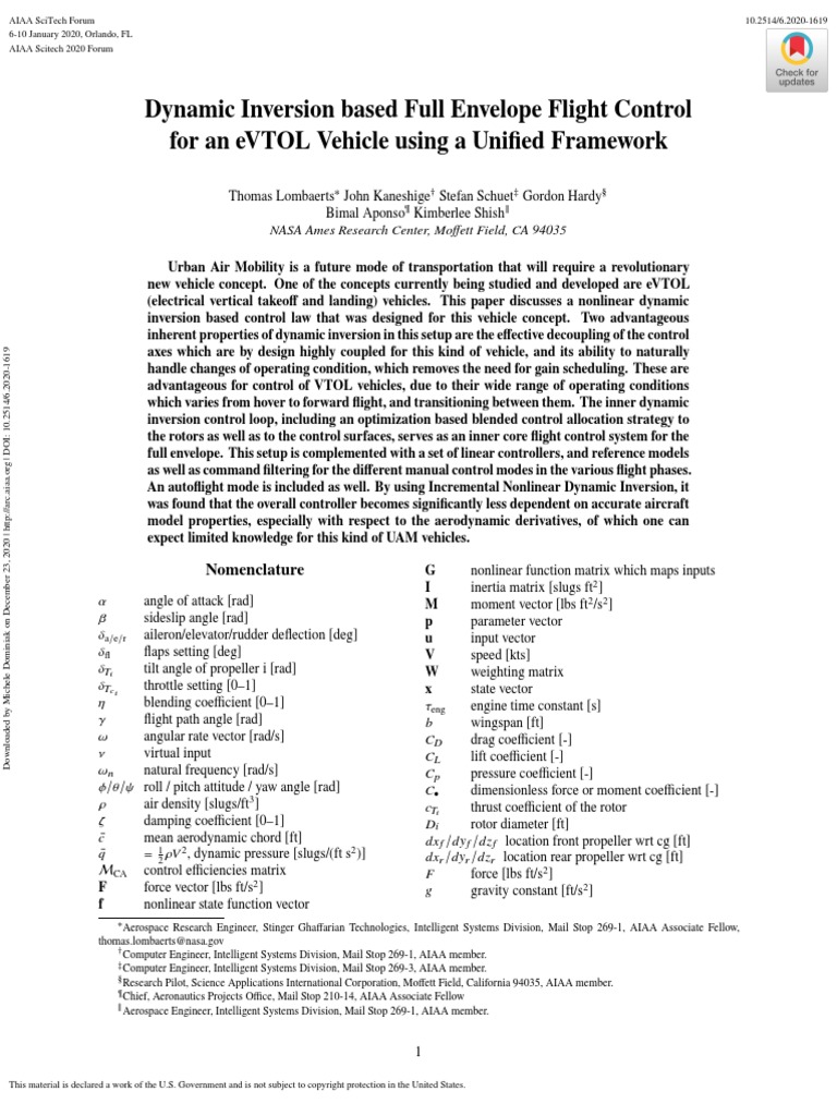 Dynamic Inversion Based Full Envelope Flight Control For An eVTOL Vehicle Using A Unified ...