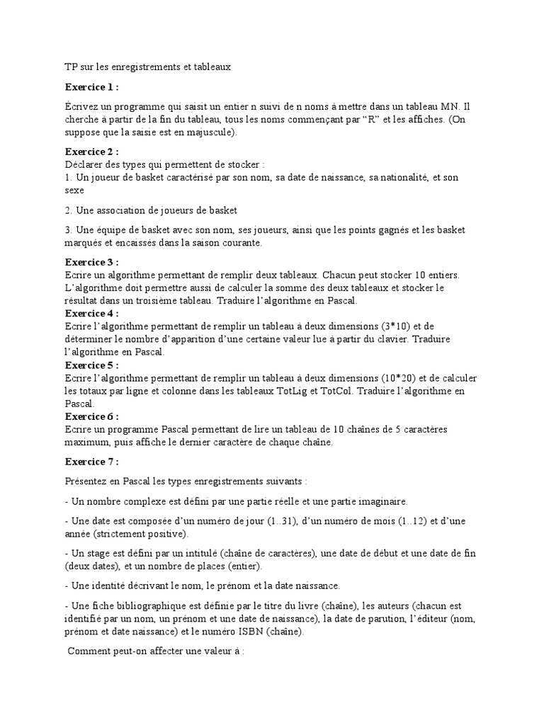 Exercices Pascal et Structures de Données | PDF | Variable (informatique) | Nombre