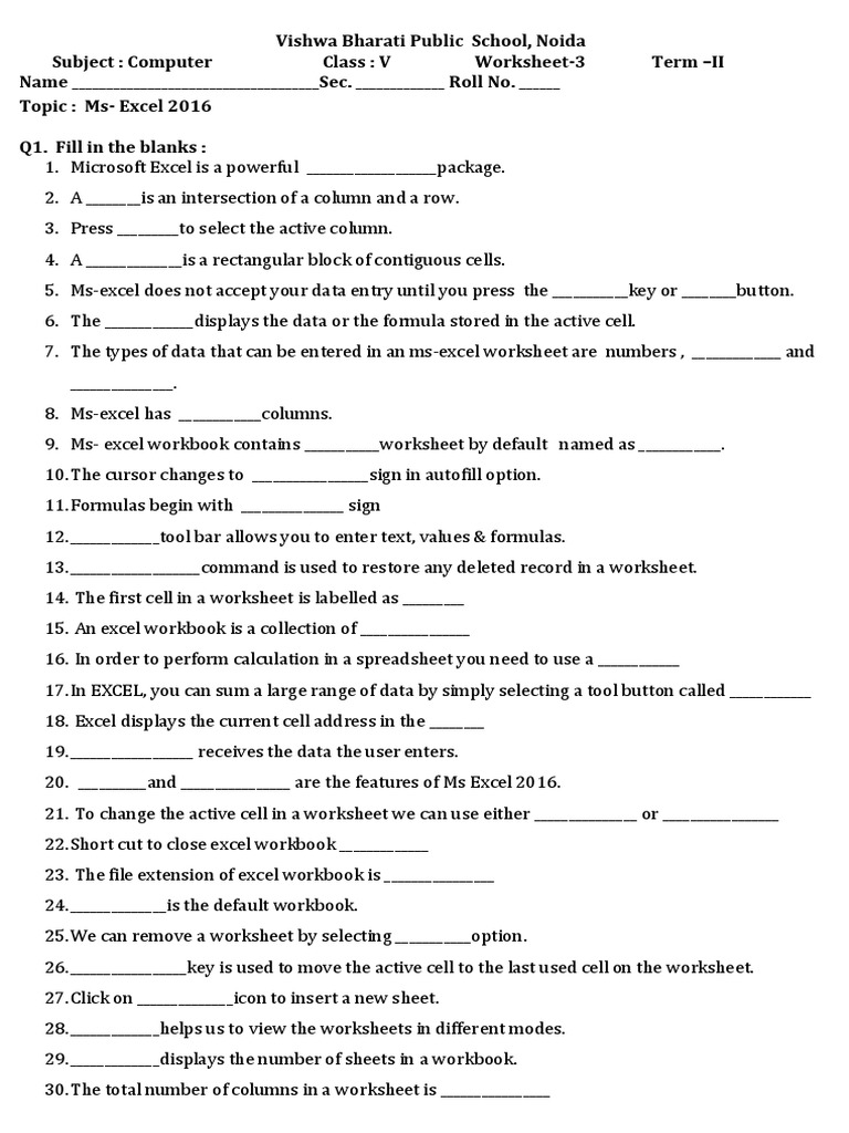 Worksheet 3 Class V 21 New | PDF | Microsoft Excel | Worksheet