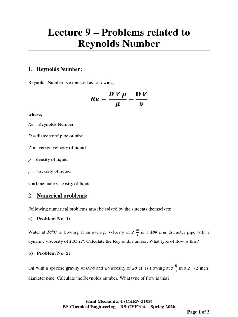 Lecture 9 - Problems Related To Reynolds Number | PDF | Fluid Dynamics ...