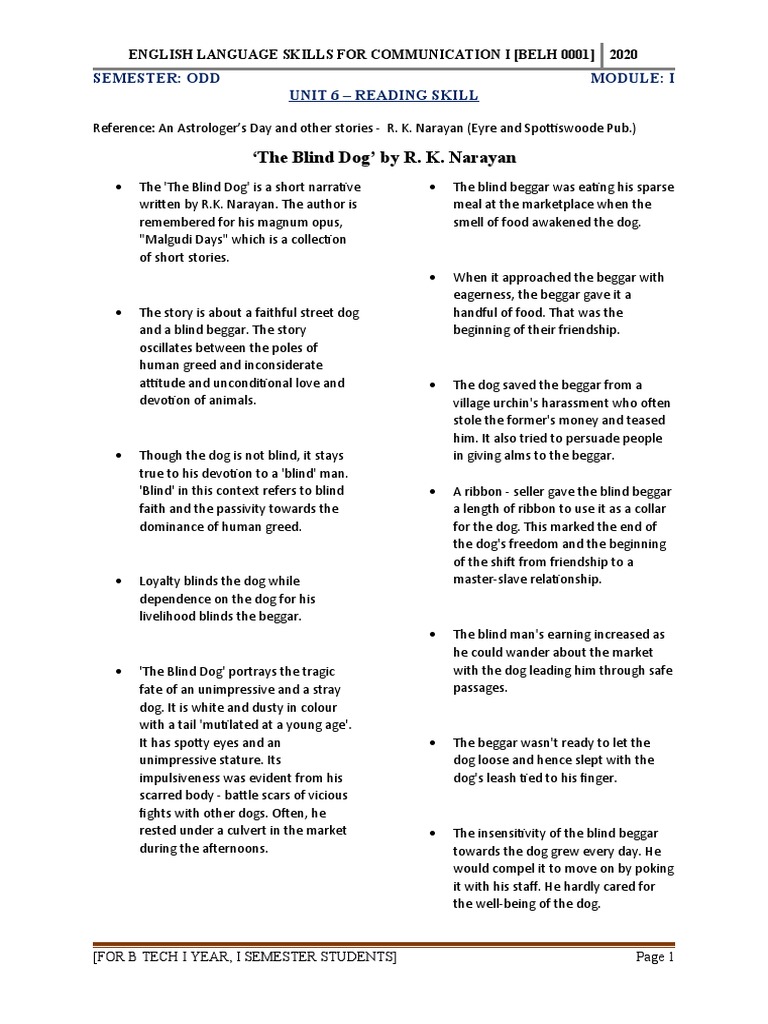 The Blind Dog' by R. K. Narayan: Semester: Odd Unit 6 - Reading Skill | PDF