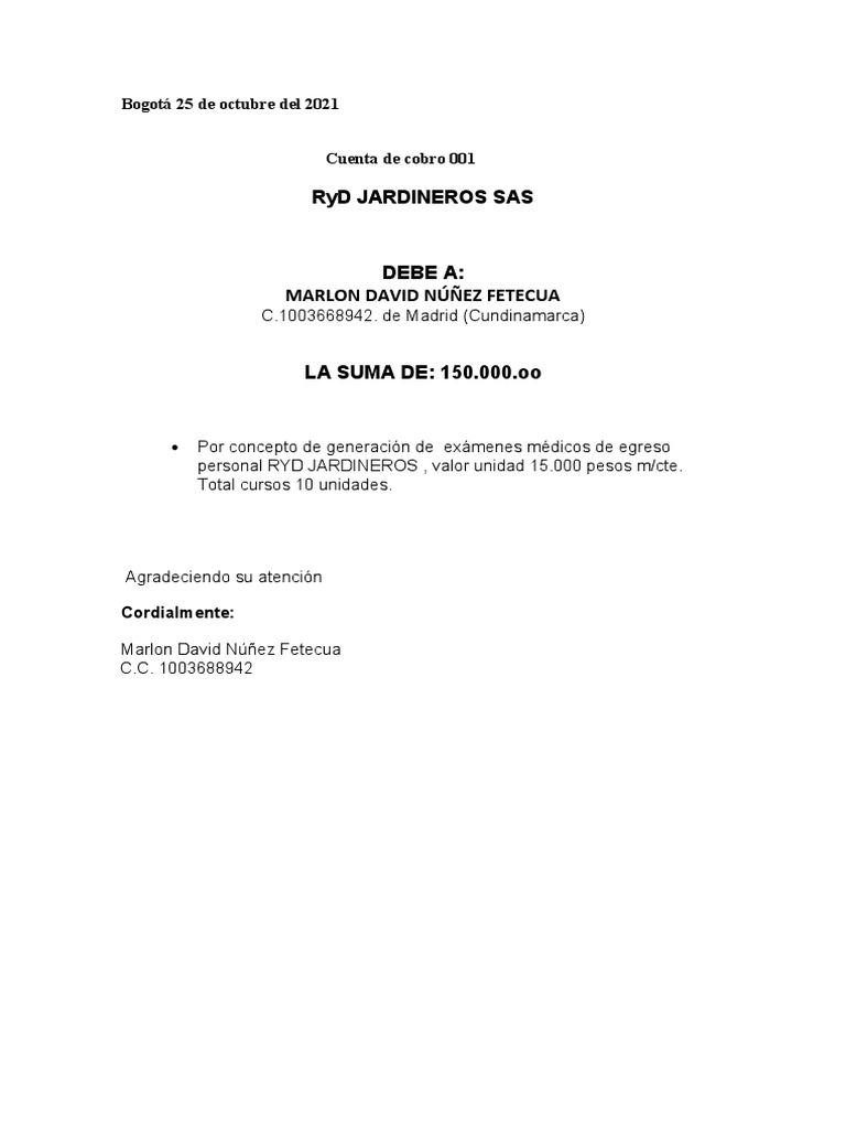 Cuenta de Cobro Ryd Jardineros | PDF