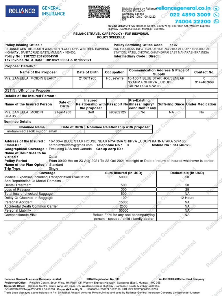 Reliance Travel Care Policy - For Individual Policy Schedule | PDF ...