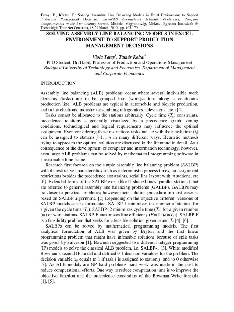 2010 Solving Assembly Line Balancing Models | PDF | Mathematical ...
