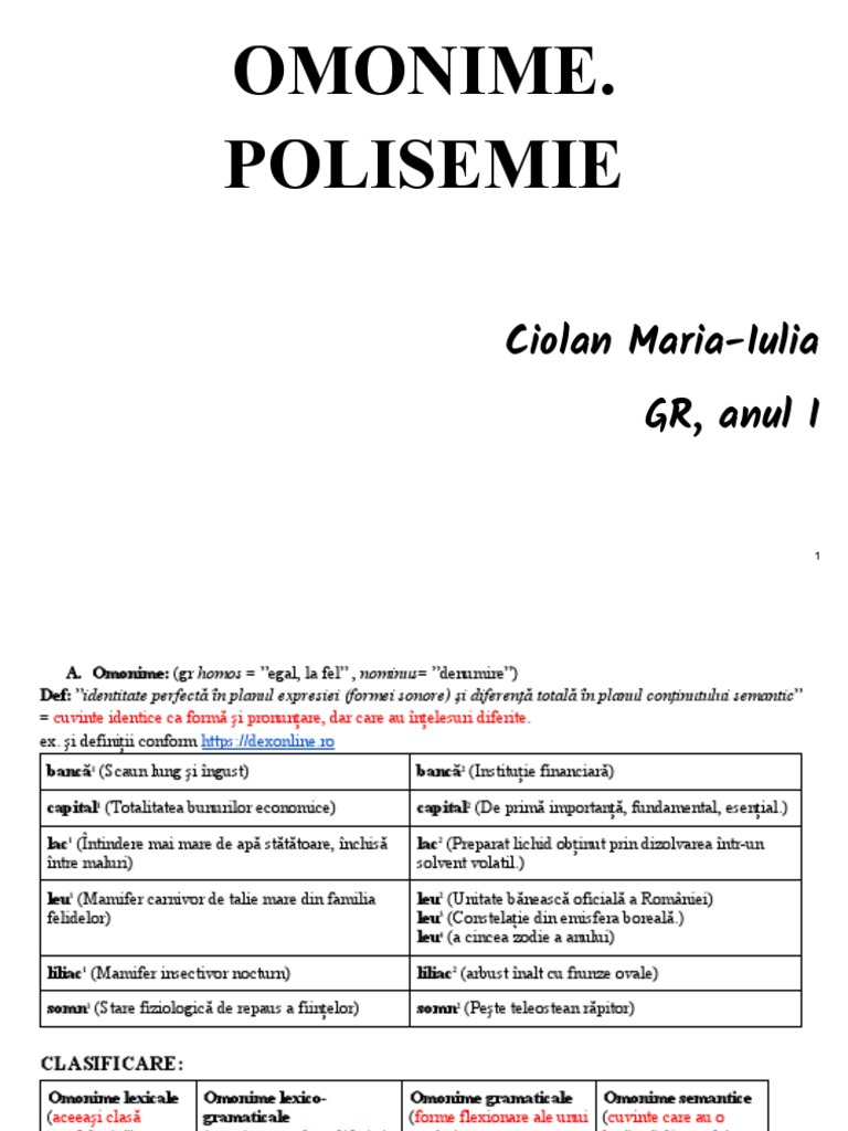 Omonimie, Polisemie - Prezentare | PDF