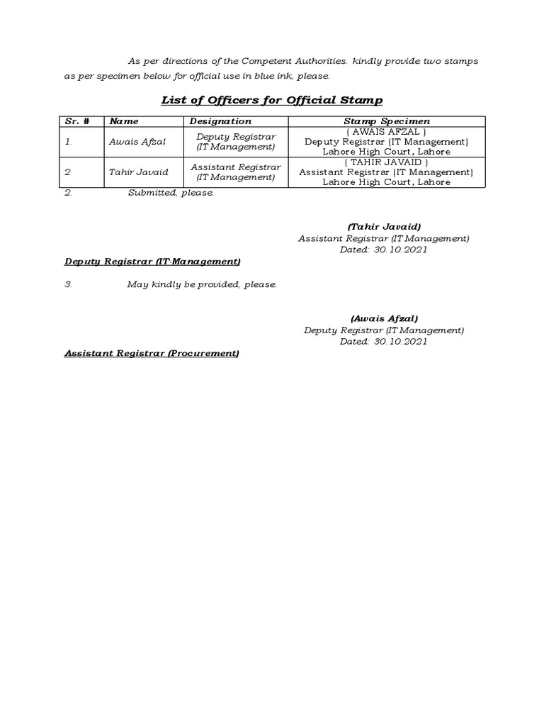 List of Officers For Official Stamp: Sr. # Name Designation Stamp ...