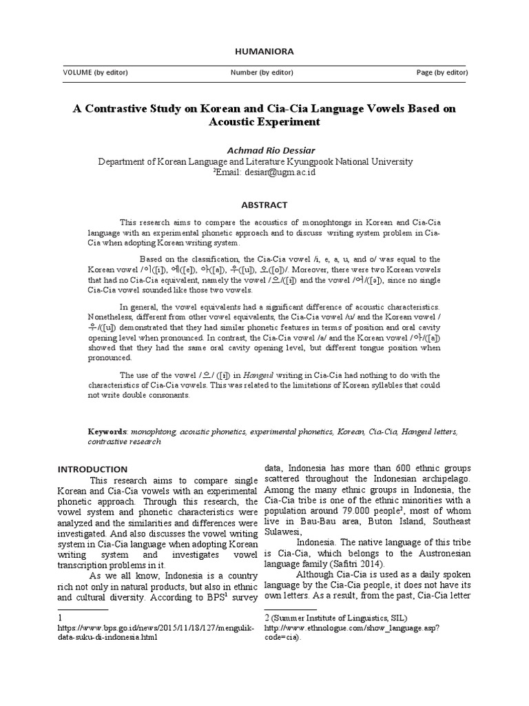 A Contrastive Study On Korean and Cia-Cia Language Vowels Based On ...