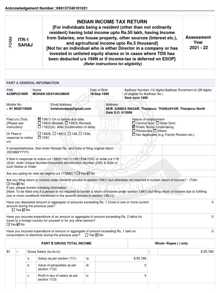 Indian Income Tax Return ITR-1 2021-22 | PDF | Economies | Taxes