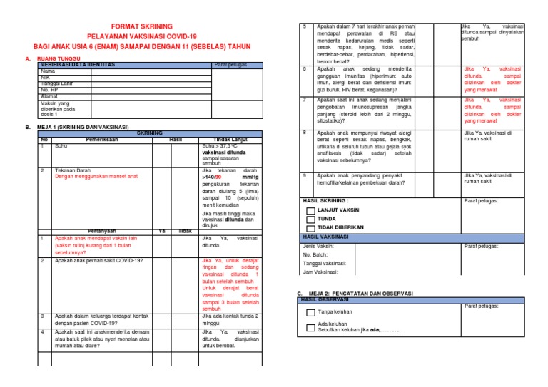 Form Skrining Anak 6-11 TH | PDF