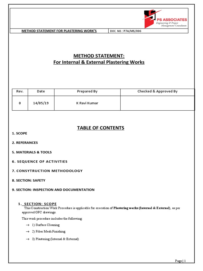 Method Statement: For Internal & External Plastering Works: Rev. Date ...