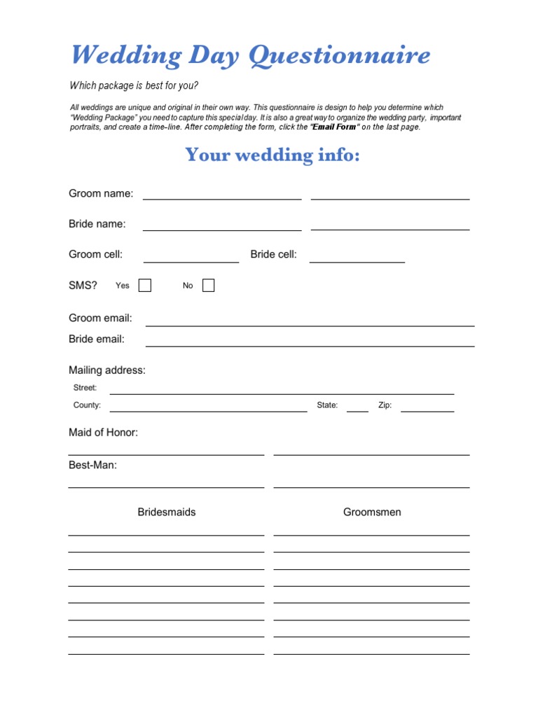 Wedding Day Photography Questionnaire | PDF | Wedding | Bride