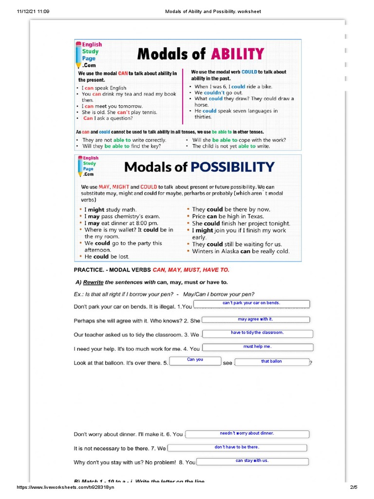 Modals of Ability and Possibility Worksheet | PDF