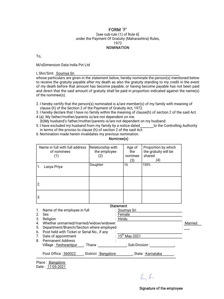 Gratuity Form F | PDF