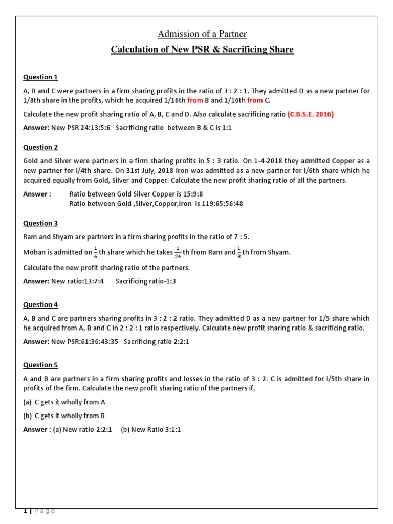 Admission Calculation of New PSR & Sacrificing Ratio PDF | PDF ...