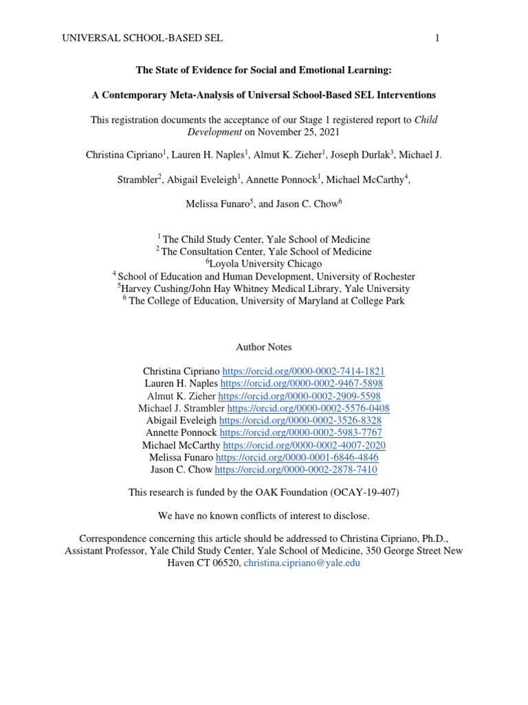 The State of Evidence For Social and Emotional Learning: A Contemporary ...