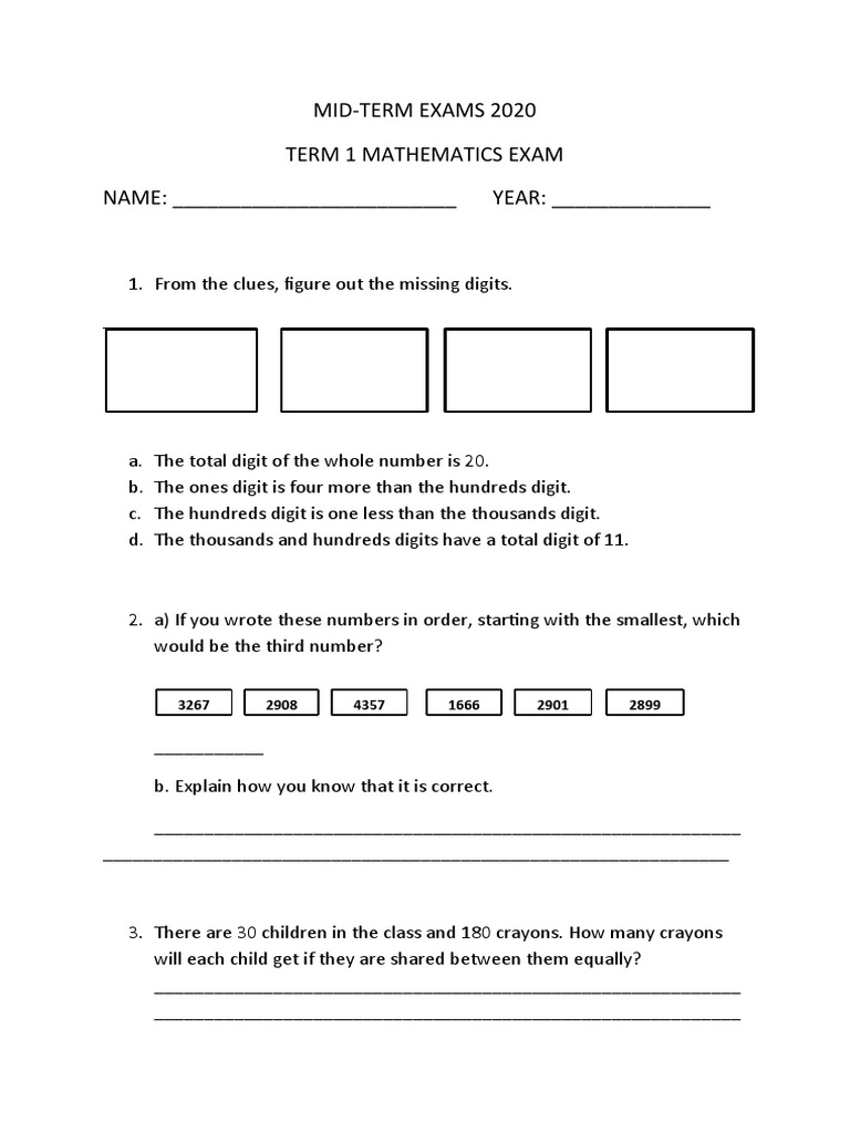 Mid-Term Exams 2020 Term 1 Mathematics Exam NAME: - YEAR | PDF ...