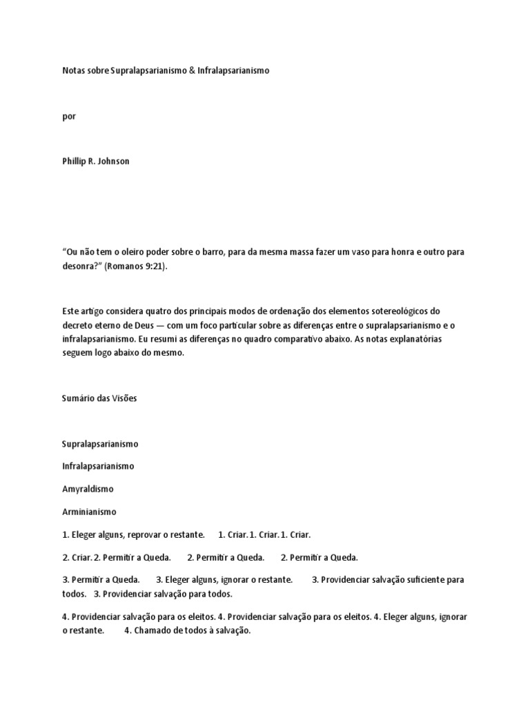 Supralapsarianismo & Infralapsarianismo | PDF | Calvinismo | Teologia