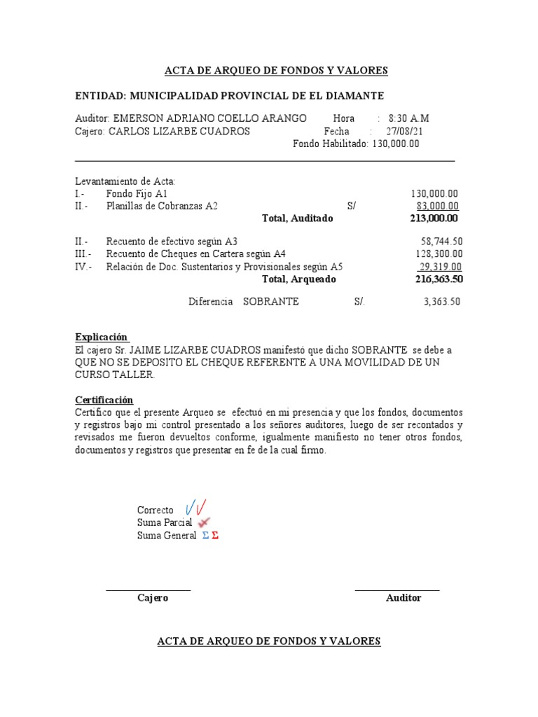 Acta de Arqueo de Fondos Municipal | PDF | Bancario | Dinero
