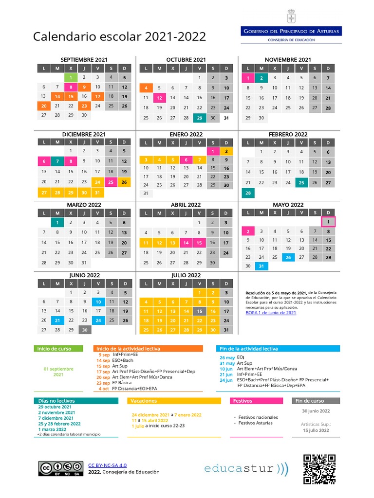 Calendario Escolar Asturias 2021-2022 | PDF | Calendario