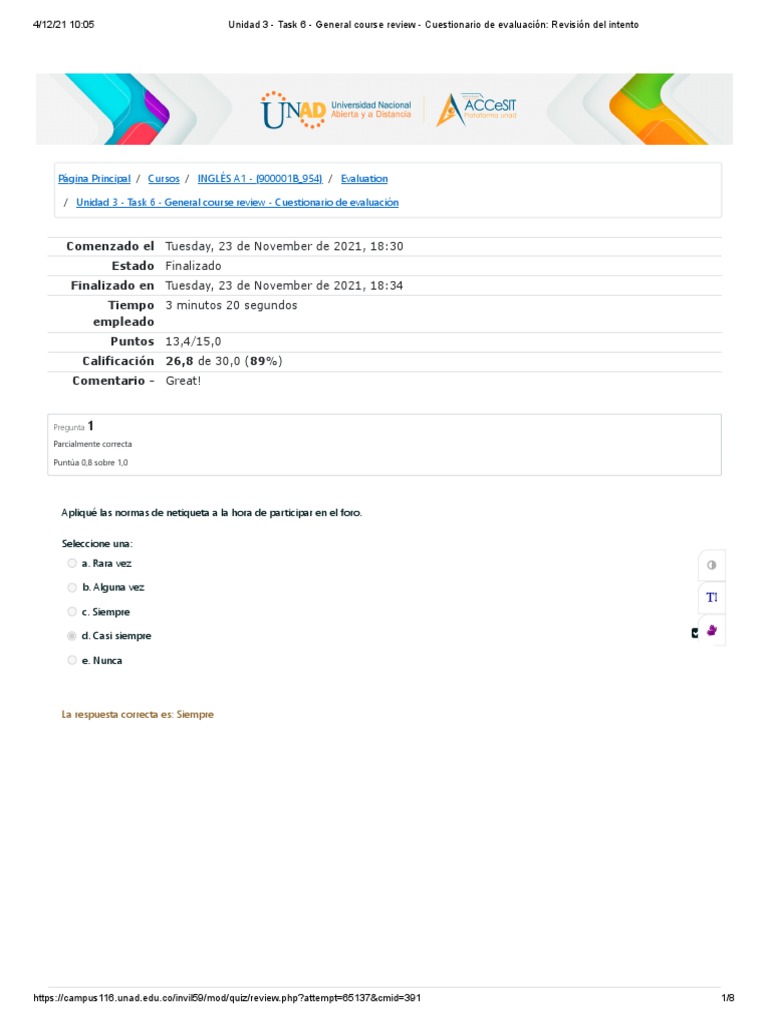 Unidad 3 - Task 6 - General Course Review - Cuestionario de Evaluación ...