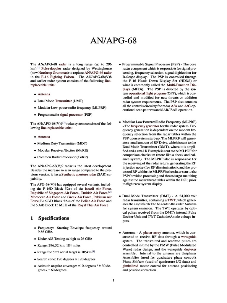 AN/APG-68 AN/APG-68: 1 1 Spe Speci Cific Ficat Atio Ions Ns | PDF ...