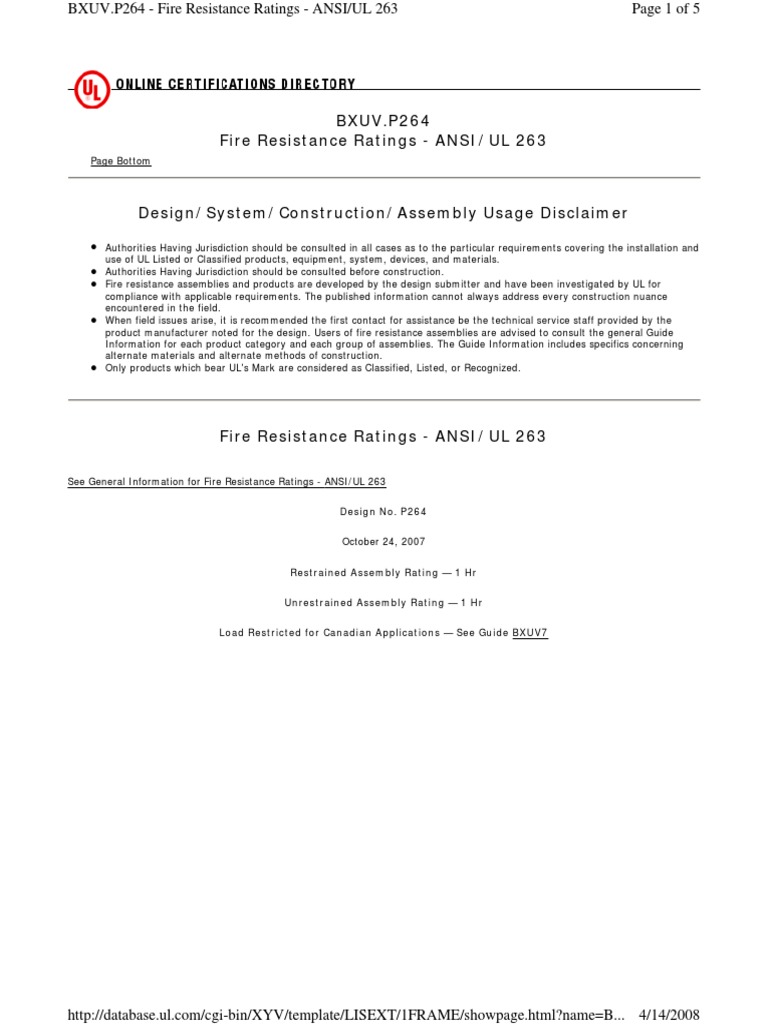 BXUV.P264 Fire Resistance Ratings - ANSI/UL 263 | PDF | Concrete | Duct ...