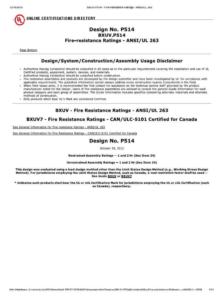 BXUV.P514 - Fire-Resistance Ratings - ANSI - UL 263 - 1 | PDF