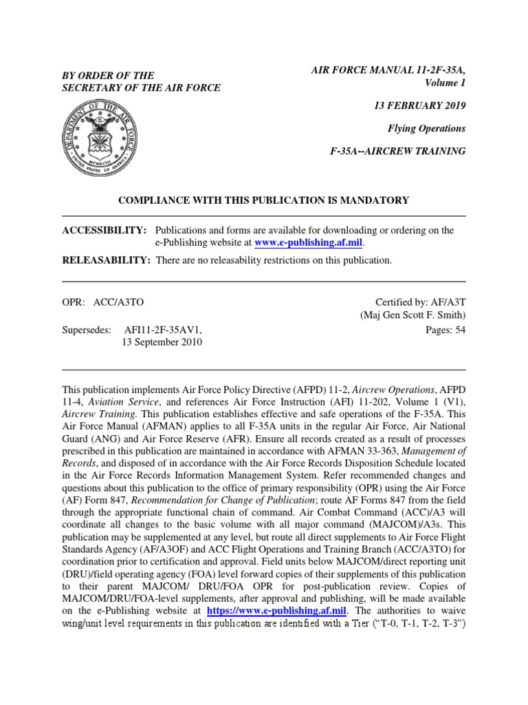 By Order of The Secretary of The Air Force Air Force Manual 11-2F-35A ...