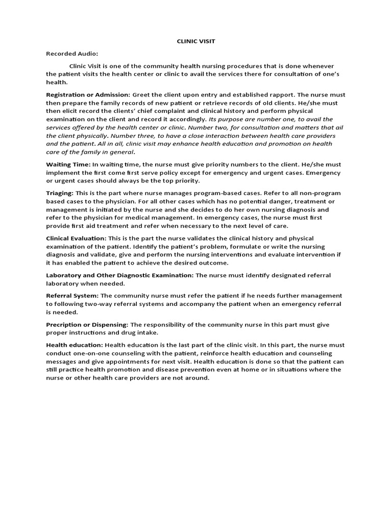 Clinic Visit Script | PDF | Nursing | Medical Diagnosis