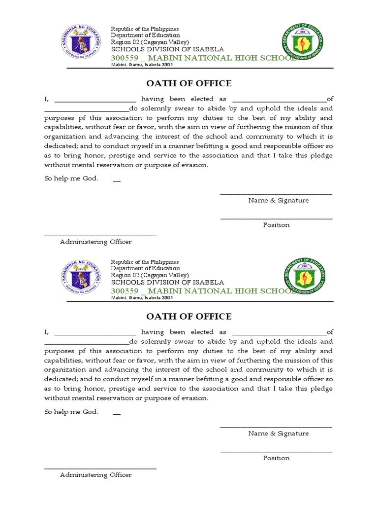 Oath of Office Form Mabini National High School | PDF | Oath Of Office ...