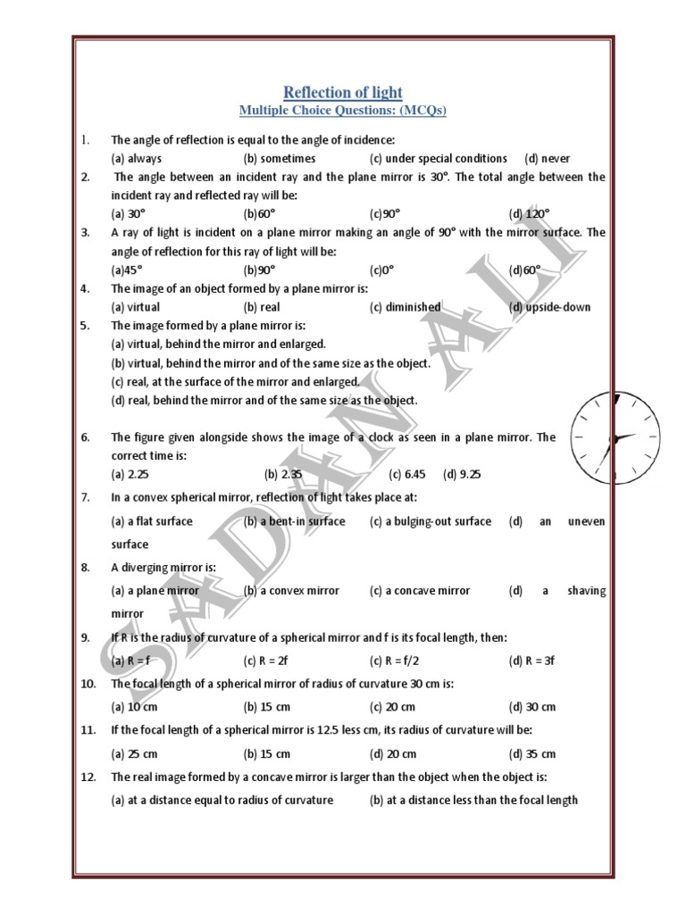 Reflection of Light: Multiple Choice Questions: (MCQS) | PDF | Mirror ...