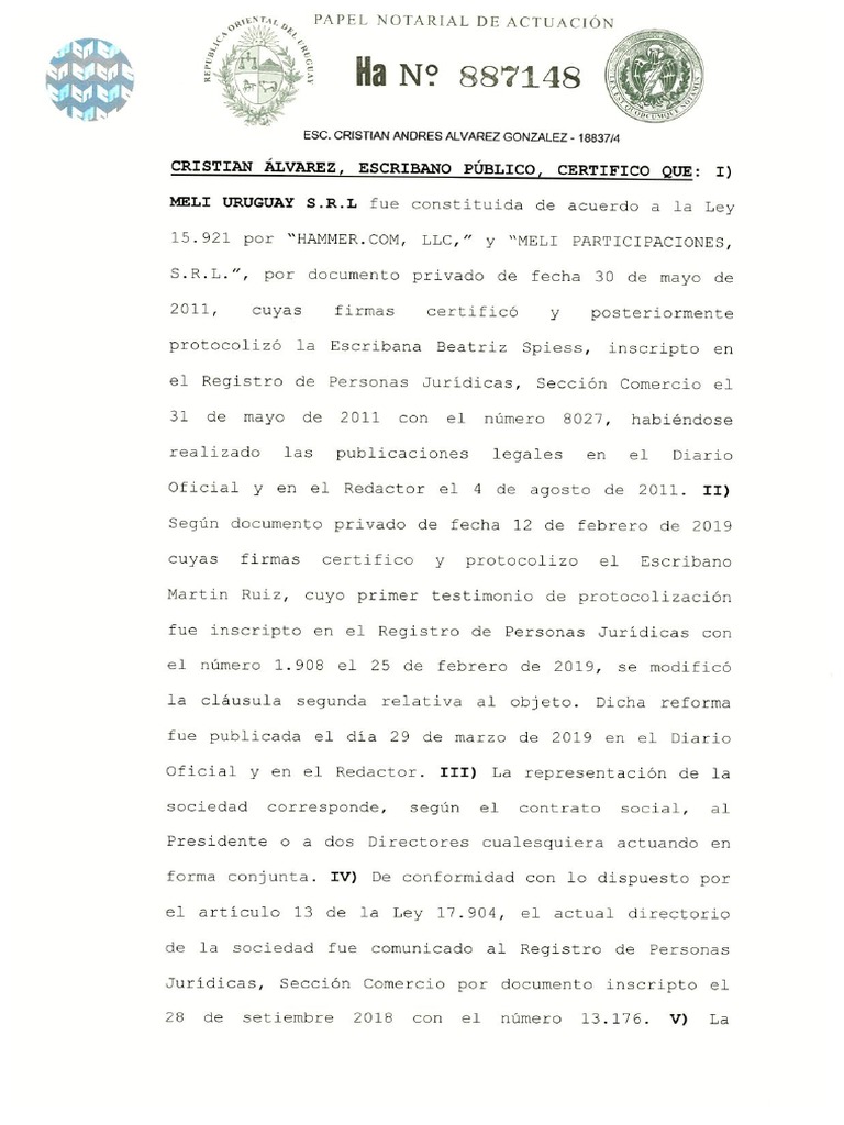 MERCADO LIBRE - Certificado Notarial de Representación y Personería Jul.2021 | PDF