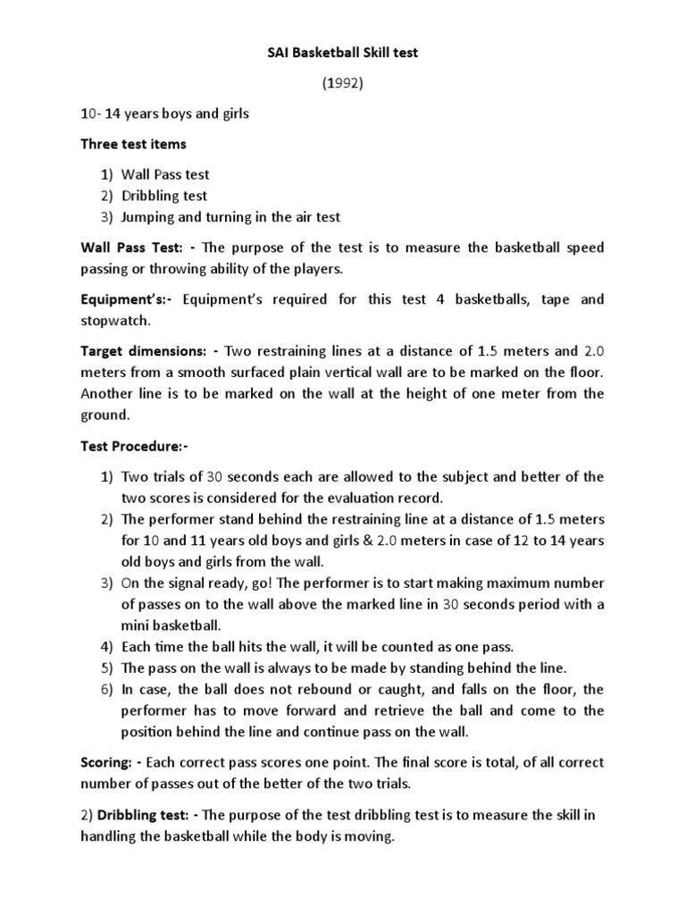SAI Basketball Skill Test | PDF | Teams | Sports