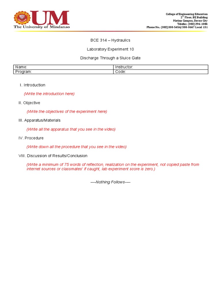 Hydraulics Lab: Sluice Gate Experiment | PDF