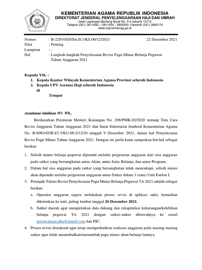 Surat Revisi Pagu Minus 2021 | PDF
