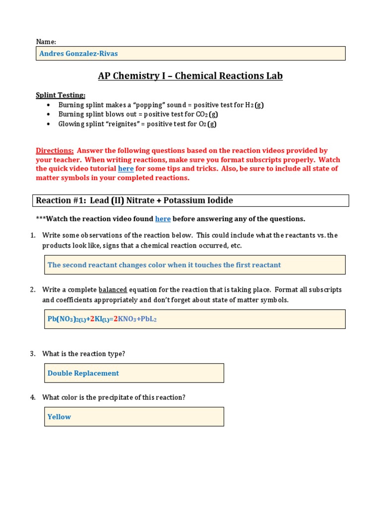 AP Chemistry I - Chemical Reactions Lab: Reaction #1: Lead (II) Nitrate ...