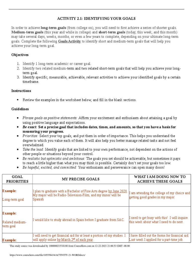Activity 2.1 Word | PDF | Goal | Cognition
