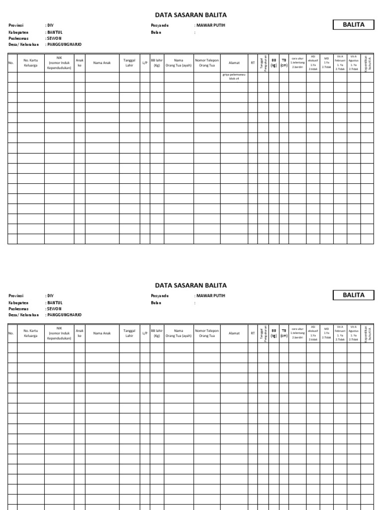 Format Kosong Data Sasaran Balita | PDF