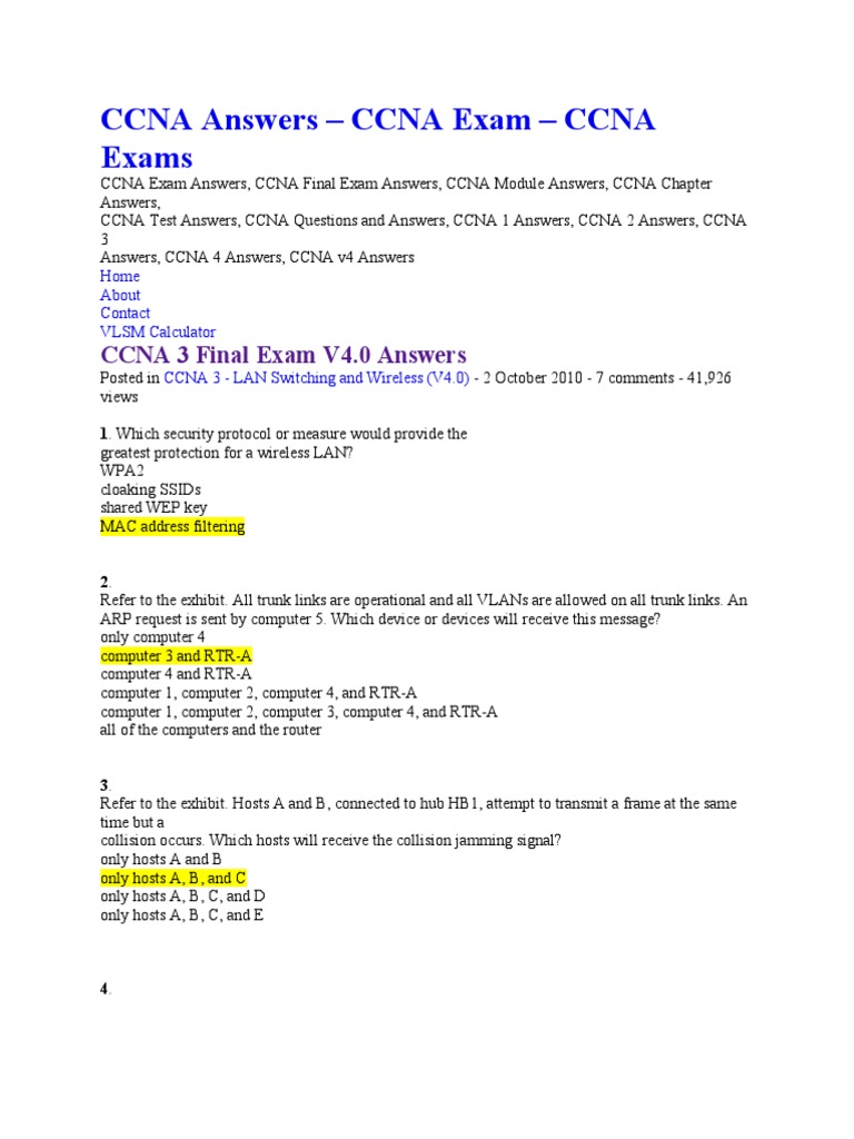 CCNA Exam Answers - CCNA Exam and CCNA Exams Guide | PDF | Network ...
