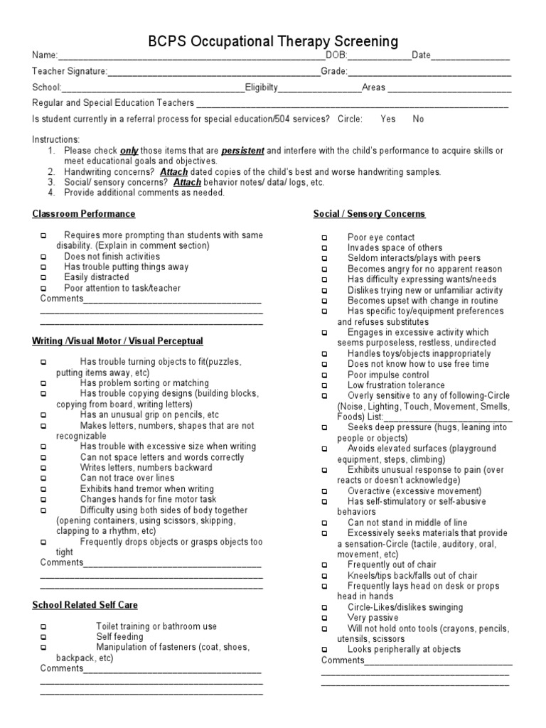 Ot Screening - Referral Form | PDF | Special Education | Perception