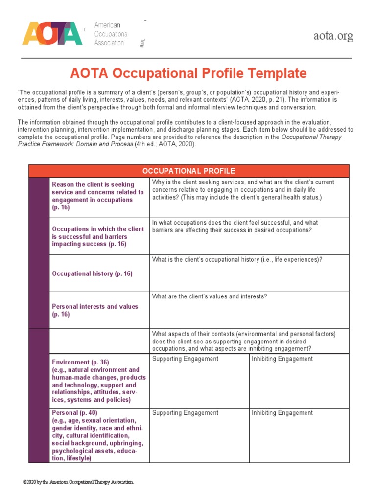 AOTA Occupational Profile Template | PDF | Occupational Therapy ...