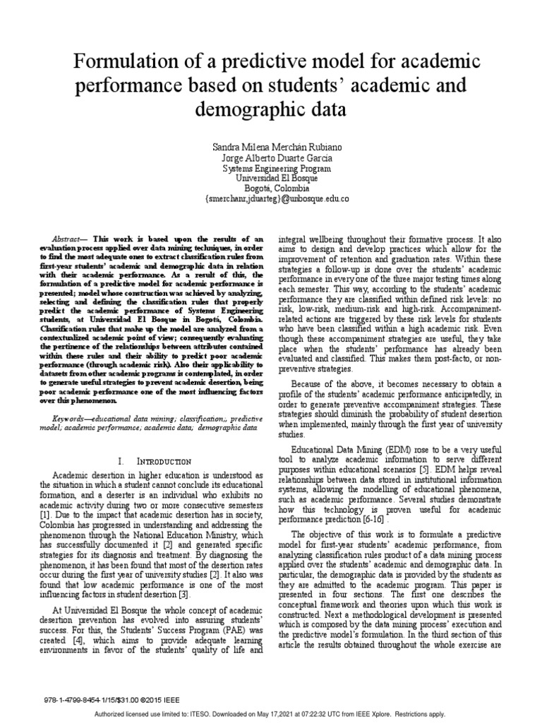 Formulation of A Predictive Model For Academic Performance Based On Students' Academic and ...